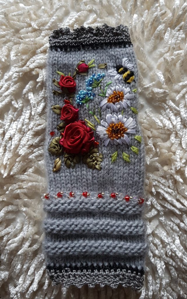Gray Mittens with embroidery , with red Roses, Bees. Sold. - MilaMirosh