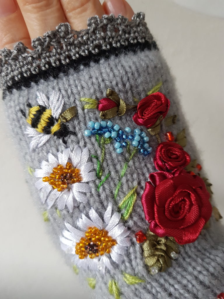 Gray Mittens with embroidery , with red Roses, Bees. Sold. - MilaMirosh